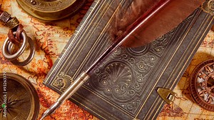 Vintage book, compass, telescope and a pocket watch lying on ancient world map in 1565.