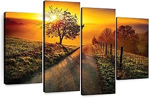 Elephant Stock Farmland Path Wall Art - Horizontal Canvas - 4-Piece Living Room Wall Decor - Nature Photography Canvas Print - Brown and Orange Decor for Wall - 52" X 32"
