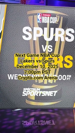 Next Game: NBA Cup Los Angeles Lakers vs San Antonio Spurs at Crypto.com Arena, Dec 10, 7pm PST.