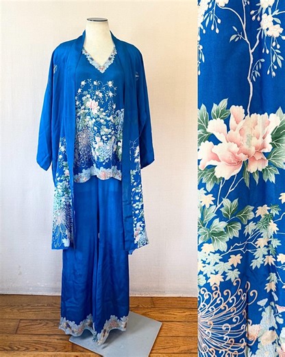 Vintage Pongee Silk Pajamas 1920s 1930s Loungewear 40 Bust L XL Beach Pajamas Lounge Set Wide Leg Extra Large 4 Piece From Japan - Etsy