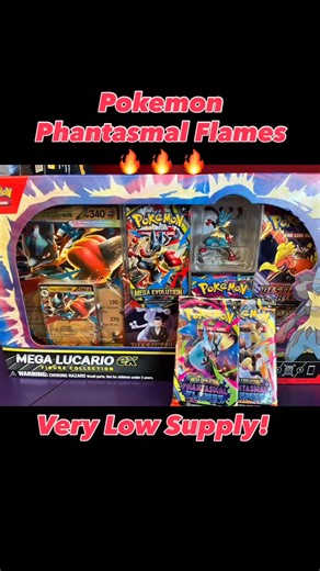 Bad news everyone! Phantasmal Flames has arrived, but it’s the worst allocation I’ve ever received. I HAVE ZERO ETB, ZERO BOOSTER BUNDLES! Limited single Boosters, $7.99, Limit 2/person. Lucario EX Figure Collection $59.99, Limit 1/person. I will run out of product soon. Sorry everyone. 😢 | The Magic Toybox