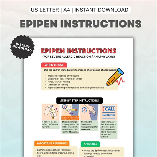 Epipen Instructions One Page Guide, Anaphylaxis Emergency Steps, Severe Allergy Action Plan, Epinephrine Auto-injector Printable PDF - Etsy UK