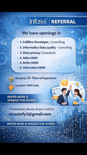 Nivinfy on Instagram: "Infosys Referral | We Are Hiring | We have openings for Developer 1.Collibra Developer_ Consulting 2.informatica Data quality - Consulting 3.Data privacy Consultant Consulting 4.Stiba MDM 5.Reltio MDM 6.informatica MDM If you are interested, please drop your resume to the email below: 📧 Email ID: nivasinfy3@gmail.com 📍 Location: PAN India 🕒 Experience Required: 4–15 Years 📌 Details Needed for Referral (Copy & Fill Before Sending) First Name: Last Name: Skills: Experien