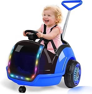 ANPABO 3-in-1 Electric Push Ride On Car, 12V Kids Ride On Toy w/Remote Control, 360° Spin, 5-Point Safety Belt, Colorful LED Light, Music Player, Push Car for Toddler Ages 1-3 (Blue)
