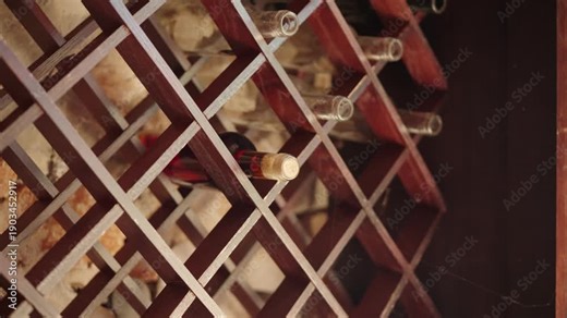 Diagonal view shows wooden lattice rack, corked and empty bottles, and a cobweb on the right in a Montenegro cellar. Warm light and a slow tilt reveal age.