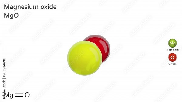 The 3D model of molecule Magnesium oxide. MgO has the appearance of a white solid. Magnesium oxide salt, which has antacid, laxative and vasodilating effects. 3d render. Seamless loop. white back