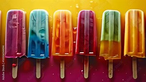 Colorful popsicles arranged in a row with vibrant flavors captured during a summer afternoon at a local market