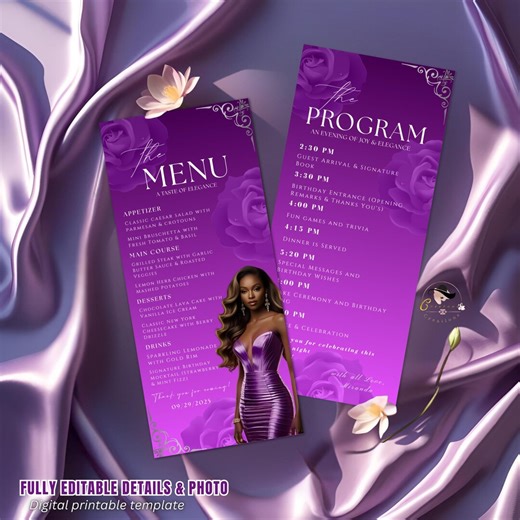 Editable Menu and Program Template Purple Birthday Dinner Menu Card Printable Retirement Party Program With Photo, Floral Adult Party Menu - Etsy