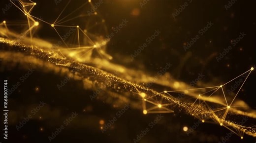 Abstract golden particles flowing in a dynamic wave with interconnected network lines and dots, creating a technological and energetic visual.