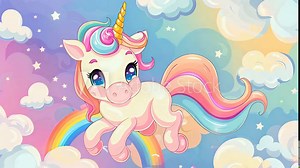 Unicorn colorful animation. Eyes are blinking. Clouds are floating. 4K resolution video