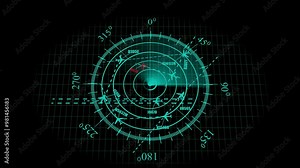 Aircraft signal and guidance radar. Radar animation with light blue grid background light blue color for flight control. 3D Video