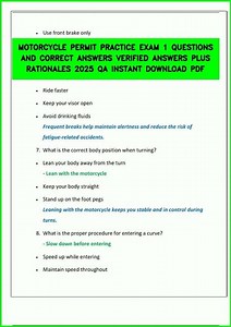 MOTORCYCLE PERMIT PRACTICE EXAM 1 QUESTIONS AND CORRECT ANSWERS VERIFIED ANSWERS PLUS RATIONALES 202