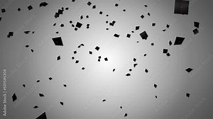 Graduation 3D flying hats towards the sky. Virtual stay home concept Background. High school, college, university, academic success celebration. Graduation. Throwing up caps, diplomas animaton.