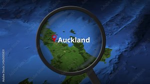 Loupe finds Auckland city on the map, 3d rendering