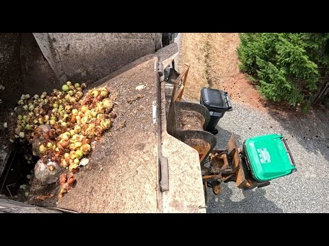 Mack MRU Split Body Labrie Automizer Crushing Down Messy Cedar Trash and Compost