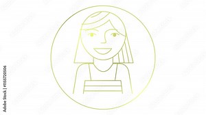 Animated golden linear symbol of girl is drawn. Icon of smiling woman. Sign of people. Looped video. Vector illustration isolated on white background.