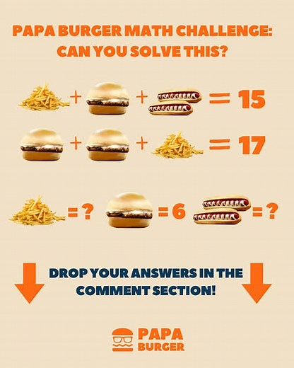 🔥🍔 Papa Burger Math Challenge! 🍔🔥 Sige nga, mga burger lovers — kaya mo bang sagutin ‘to? 😎 🤔 First 5 na makakasagot ng tama — may libre fries sa next visit! 🍟💥 Comment your answer below 👇 #PapaBurger #BurgerMathChallenge #MapapaBurgerKaSaSarap #FunWithFood #PapaBurgerChallenge | Jan Gilmar Espinosa Geñorga