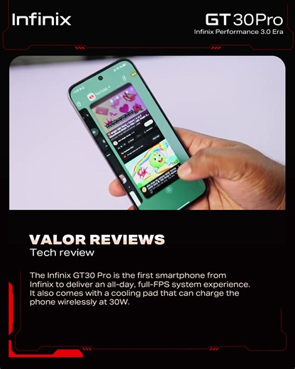 383K views · 571 reactions | The full FPS all day keeps performance sharp and temperature balanced - 30W wireless charging cooling pad keeps you going on hours of seamless gameplay. Valor Reviews revealed GT 30 Pro consistency is a real flex  Every detail built for endurance. #InfinixPerformance30Era #GameOnWithGt30Pro #OutplayTheRest #InfinixGT30Pro | Infinix Mobile | Facebook