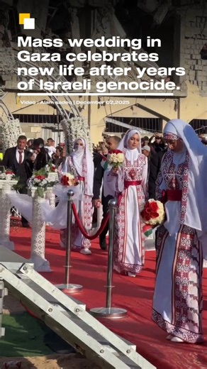 The city of Khan Younis in the southern Gaza Strip hosted a mass wedding Tuesday for 54 couples in a celebration supported by Abu Dhabi as part of events marking the UAE’s 54th Union Day. The ceremony, held in the rubble of destroyed buildings in the Hamad residential area, was organized under the UAE’s “Gallant Knight 3” humanitarian operation, according to an Anadolu reporter. A wedding stage named “Thawb al-Farah,” (gown of joy) symbolized resilience and the pursuit of life despite the destru
