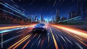An animation illustrating high-quality light trail effects, where fast-moving objects leave behind trails of light. It can depict vehicles, runners, or abstract shapes moving through dark settings, em