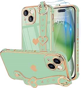 Compatible with iPhone 15 Case with Strap for Women Girls [2× Screen Protectors], Cute Love-Hearts Design, Wristband Kickstand Luxury Plating Edge Protective Phone Case (6.1") - Mint Green
