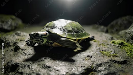 Turtle Moving on Rocky Ground Under Spotlight.