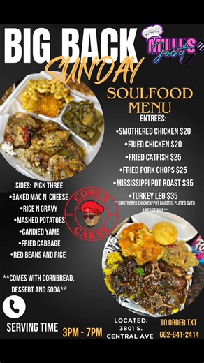 🎉✨ MILLI’S JOINT FIRST DINNER of 2026! ✨🎉 TEAMING UP WITH Corys Cakes 🍰 This pop-up is more than a meal — it’s an experience you don’t want to miss! 📍 Location: [3801 S. Central Ave Phoenix Az] Date: [January 18, 2026] ⏰ Time: [3:00p.m-7:00p.m] WALK IN OR TEXT ORDER (602) 641-2414 FIRST COME FIRST SERVED‼️ Let’s start 2026 full, happy, and well-fed 😋🔥 👉 Follow us for menu previews and updates 💛 Come hungry. Leave satisfied.. | Milli’s Joint