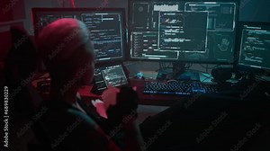 Woman eats Chinese noodles checking software in office