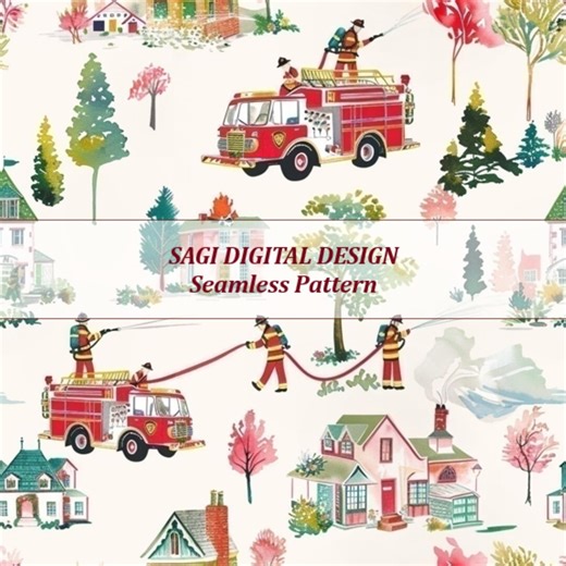 Watercolor Firetruck Pattern Fabric, Fireman Nursery Digital Paper, Vintage Rescue Seamless File for Kids - Etsy