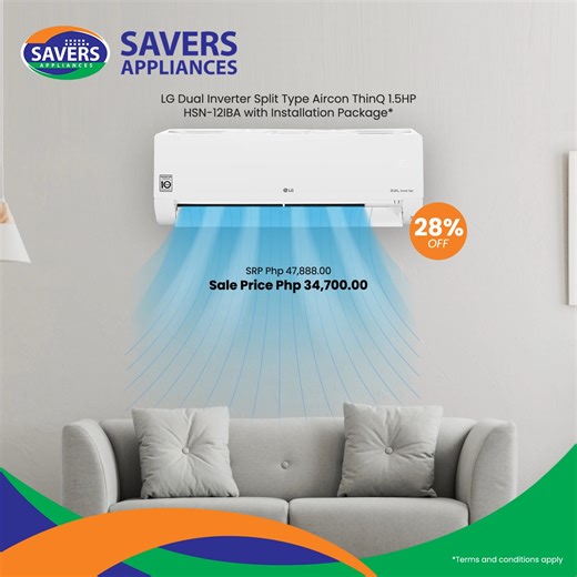 Stay cool, save money! From its SRP of ₱47,888.00, you can now buy the LG Dual Inverter Split Type Aircon ThinQ 1.5HP HSN-12IBA for only ₱34,700.00 via cash payment at #SaversAppliances. Do not miss the 28% OFF discount and FREE Installation package! Shop now: https://saversappliances.com.ph/product/lg-dual-inverter-split-type-aircon-thinq-1-5hp-hsn-12iba-with-installation-package/ *Terms and Conditions apply | Savers Appliances