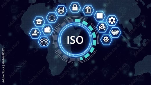 Person Touching Iso Standard Compliance Virtual Interface with Blue Circle Outline and Handshake Document Stars and Thumbs Up Icons on transparent Background
