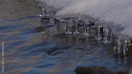 icicles on the roof, water flowing into the snow, cold air freezes, icicles forming, An ice shelf, frozen shoreline, nature, wildlife, Canada, river,