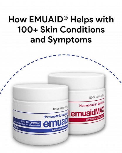 How does EMUAIDMAX® First Aid Ointment help with 100 skin conditions and symptoms? Watch the video below to find out. EMUAIDMAX® First Aid Ointment is a natural, soothing, and effective ointment for 100 skin conditions and symptoms. It calms pain, infection, and inflammation for a variety of these conditions and symptoms that are resistant and difficult to treat, such as nail fungus, eczema symptoms, skin tags, psoriasis symptoms, shingles symptoms and many more. As an anti-bacterial and anti-fu