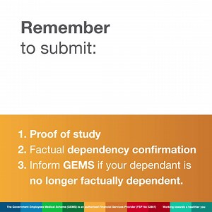 5 comments | Did you know, you can save money by paying child rates for your dependant who is between the ages of 21 and 28, and still a student? Remember to provide the proof of registration for the current academic year from a recognised tertiary institution and complete the factual dependency form. You can send both documents via email to enquiries@gems.gov.za or call 0860 00 4367. Watch this video for more information on student eligibility. | GEMS | Facebook