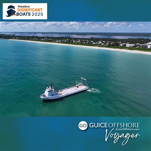 Guice Offshore (GO)'s multi-purpose vessel Voyager is pictured here working offshore in Florida. Voyager was recently named one of WorkBoat magazine's "10 Significant Boats of 2025." www.workboat.com/workboat-names-its-10-significant-boats-of-2025 #Maritime #Offshore #Vessel #OffshoreEngineering | Guice Offshore LLC