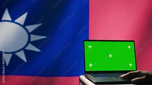 Taiwanese air defense operator uses radar on green screen laptop conducting satellite tracking. Taiwan insurgent uses military software on mockup device, preventing rockets, camera B