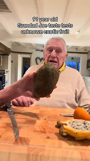 We bought a box of different exotic fruit for Grandad to taste test. This was the first one he tried 😅 #tastetest #foodreview #reaction #wholesome | Granda joe