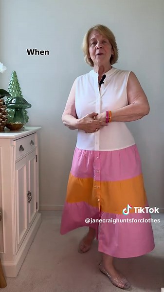 It’s hard to feel put together when it’s really hot. But let me share three tricks that I’ve learned to use to get around that, as someone who lives in a hot steamy climate. When it’s extra hot, lots of styling techniques simply aren’t an option. It can be too hot for a third layer, including a scarf, or tucking or even jewelry sometimes. What I do is look for a dress that does lots of styling work for me all by itself. First, does it have three colors to give some interest, without being overwh