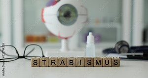 Strabismus heterotropia word and symptom of asymmetrical position of corneas. Strabismus causes symptoms diagnosis and treatment concept