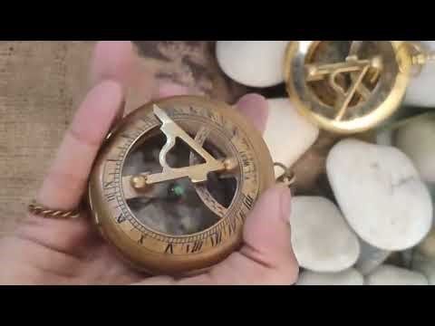 Handmade Brass Sundial Compass with Leather Case & Chain – Steampunk Vintage Gift Clock #compass