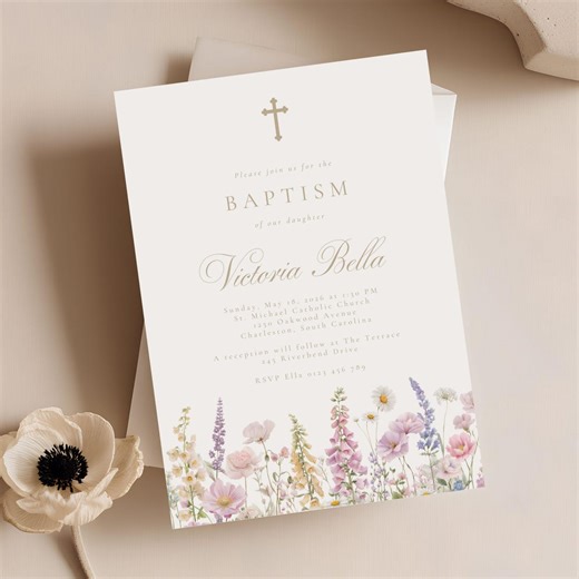 Downloadable Invitations for Baptism Girl, Editable Digital Template, Customizable Party Supplies 7022 - Etsy