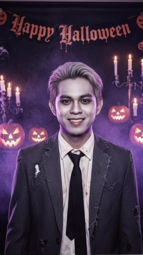 Gemini AI PROMPT: 1. Open Gemini App/Website 2. Upload Your Photo 3. Copy & Paste this prompt: A realistic Halloween photo booth portrait of a man dressed as a ghost groom. He wears a torn tuxedo with a pale face. The AI must copy his true facial features exactly from the attached image. The background includes a “Happy Halloween” banner, spooky fog, and pumpkin decorations. His expressions is sweet and haunting. Realistic lighting and true-to-life texture that looks like an authentic Halloween 