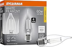 Sylvania B10 Clear LED White Filament Bulb, 5.5W, Dimmable, 500 LMS, Medium Base, 2700K, Soft White - 4 Pack (42256)