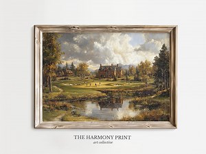 Golf Course Painting With Clubhouse, Autumn Landscape Print and Pond Reflection Art - Etsy
