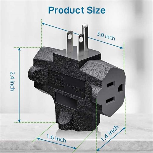 Black 3 Outlet Heavy-Duty Grounded Wall Socket Adapter Plug Extender 15A 125V PVC