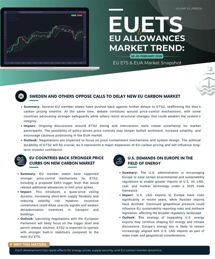 📊 EU Carbon Market Weekly Update | ETS2 Debate, Auction Signals & Geopolitical Pressure The EU carbon market showed early signs of stabilisation this week, though policy uncertainty continues to shape overall sentiment. 🏛 Auction Snapshot (16–20 February 2026) • Total Volume: 10.76 million EUAs • Last Auction Price: €70.87/tCO₂ • Weekly Change: €1.07 ( 1.53%) • Average Cover Ratio: 1.85 Auction prices recovered modestly from €69.80 to €70.87, signalling tentative consolidation after recent sha