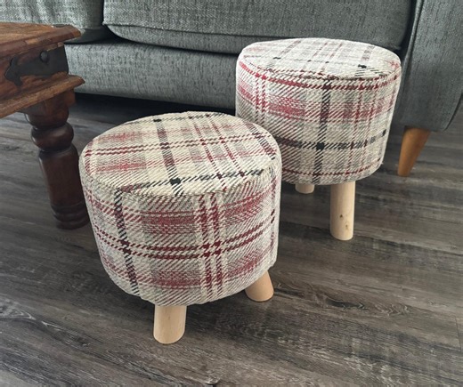 Handmade Cream & Red Footstool | Rustic Farmhouse Foot Stool With Wooden Legs - Etsy UK