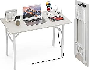 TEMI Small Computer Desk Folding Table - No Assembly, Compact 44.3" Foldable Desk with Power Outlets & USB Charging Port, Portable Small Office Desk, Ideal Mini Study Table for Narrow Spaces,White Ash