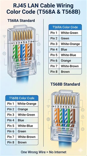 BD Tech Tips | 🔌 RJ45 LAN Cable Wiring Color Code (T568A & T568B) Correct wiring is essential—one wrong wire = no internet! 📘 T568A: White-Green, Green,... | Instagram