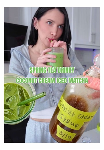 Celebrating Spring being on the horizon with my first SPRING TEA DRINKY of the year 🥹🤍 Coconut Cream ICED Matcha Latte ✨🤌🏻 Homemade Coconut Cream Syrup: 1 can coconut milk 1/4 cup shredded coconut 1 cup brown sugar 1/2 cup water Simmered on low for 10 mins Good for 2 weeks! You can strain or not strain depending if you like the pulp!! Spring recipe • spring drink • homemade coffee and tea syrup
